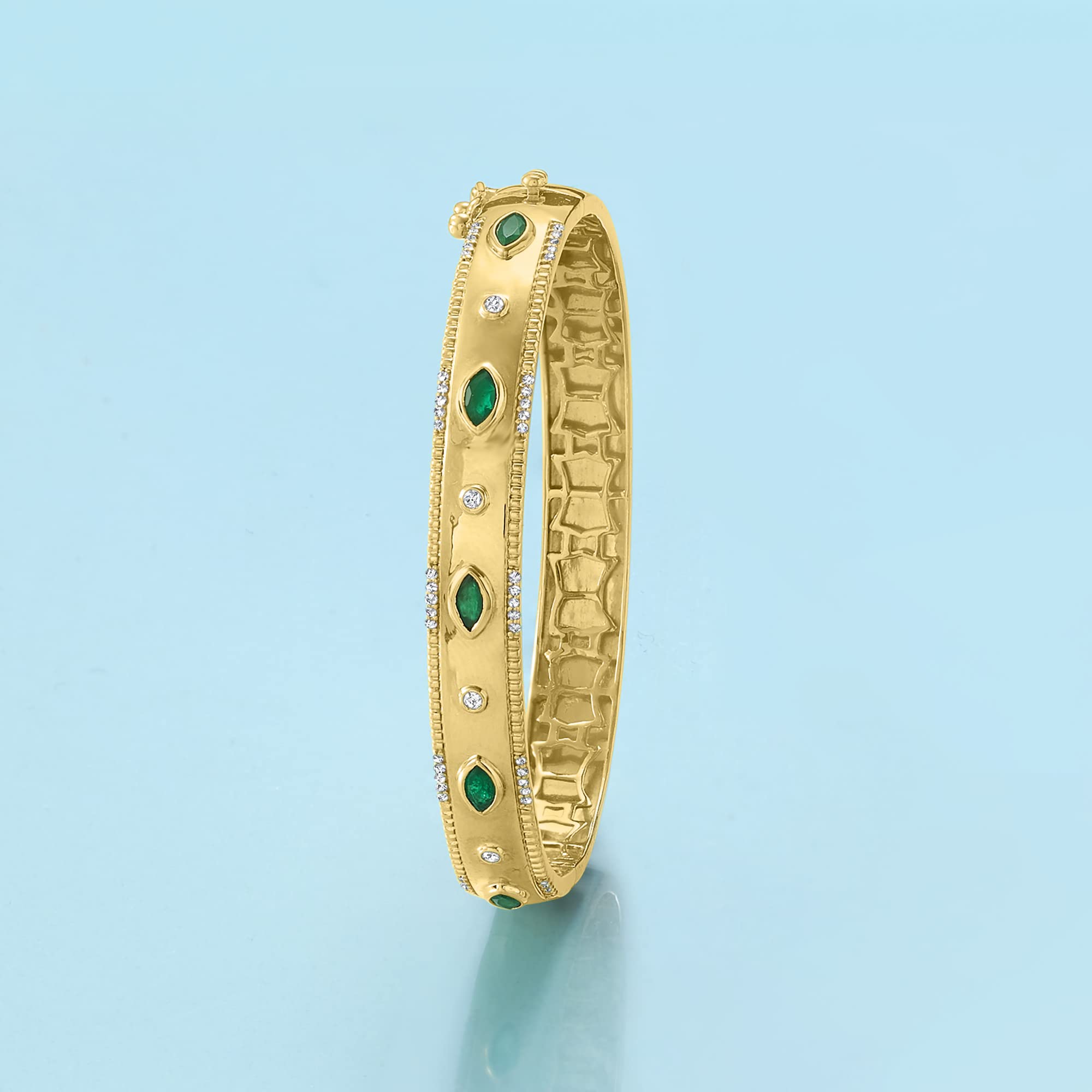 Ross-Simons 0.80 ct. t.w. Emerald and .26 ct. t.w. Diamond Bangle Bracelet in 18kt Gold Over Sterling. 7 inches