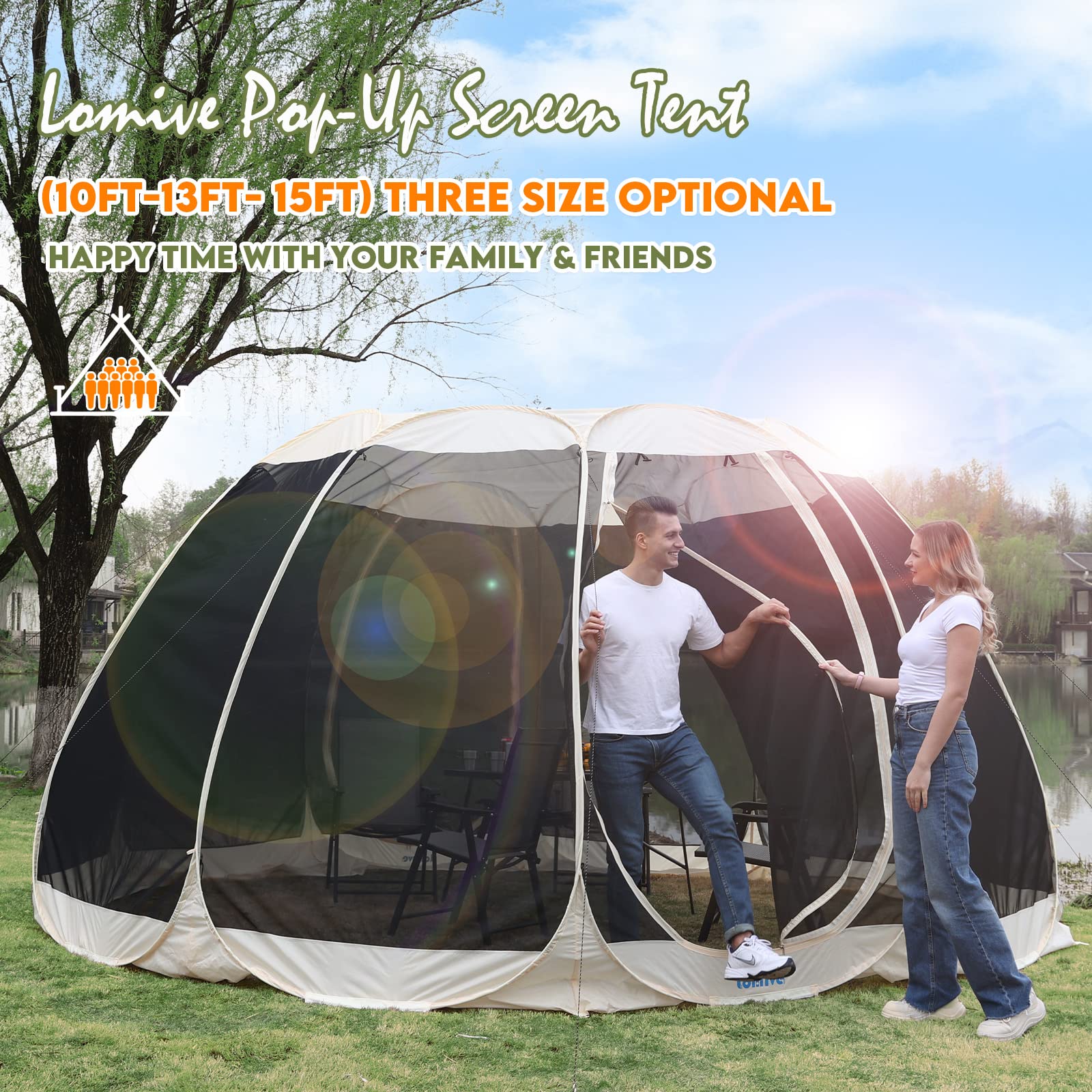 Lomive Screen Gazebo with Thickened Mesh, Pop-Up Screen House Room for 4-15 Persons, Outdoor Camping Tent Canopy for Patios, Mosquito Net, Instant Tent(Not Waterproof)