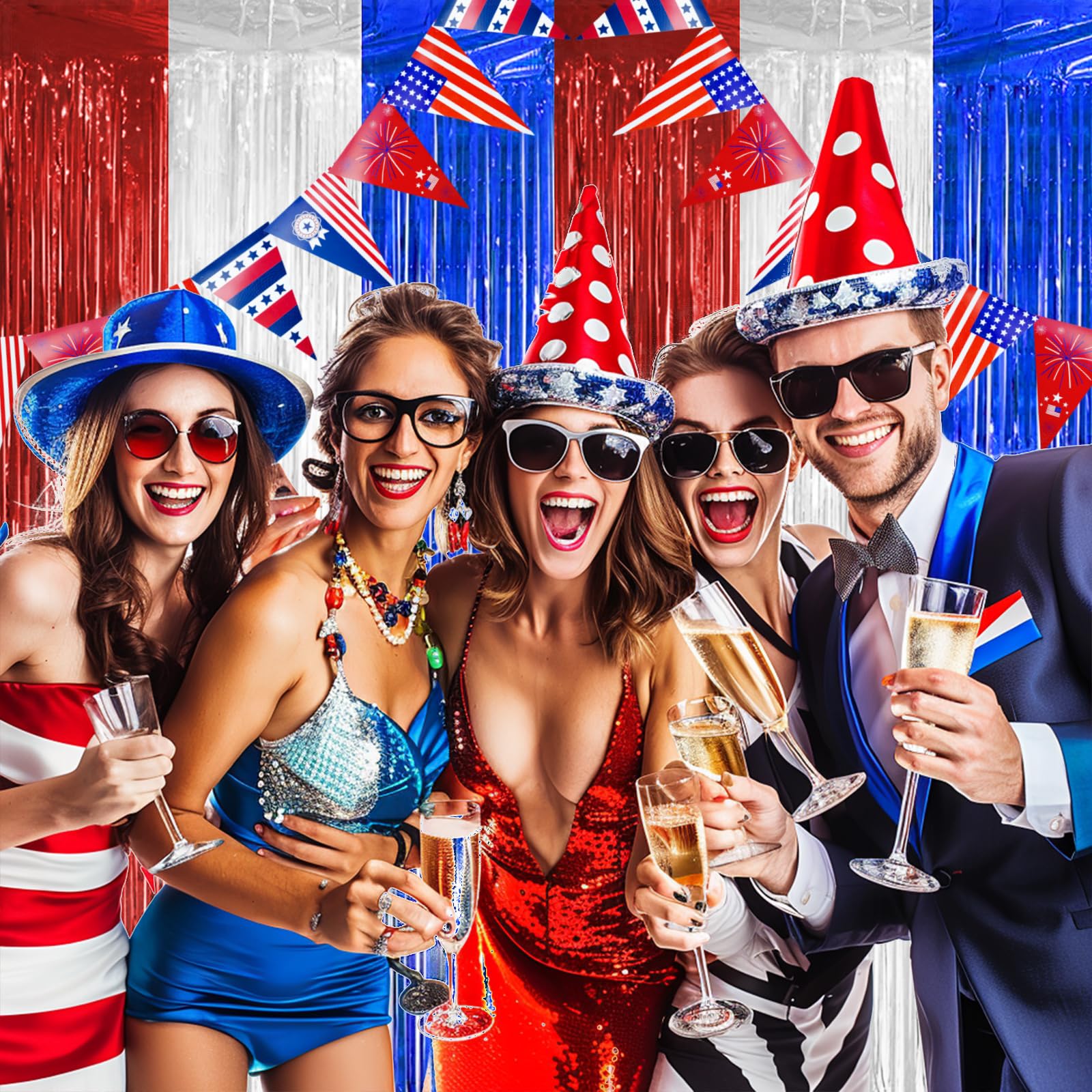 Yzurbu Red White & Blue Decorations, 3 Pack Tinsel Foil Fringe Backdrop Curtains and 2 Pack USA Flag Triangle Pennant Banner for 4th of July, Memorial Day, Labor Day, Patriotic Party