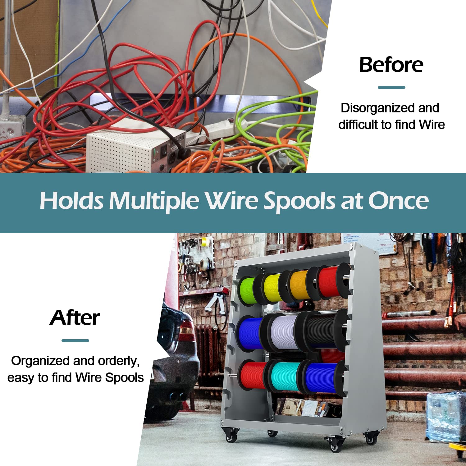 uyoyous Wire Spool Rack 29.5 x 25.2 Inch Cold-Rolled Steel Cable Dispenser Cart with Locked Wheels 6 Rods Electrical Wire Spool Storage Dispenser 300lbs Capacity for Industrial Workplace