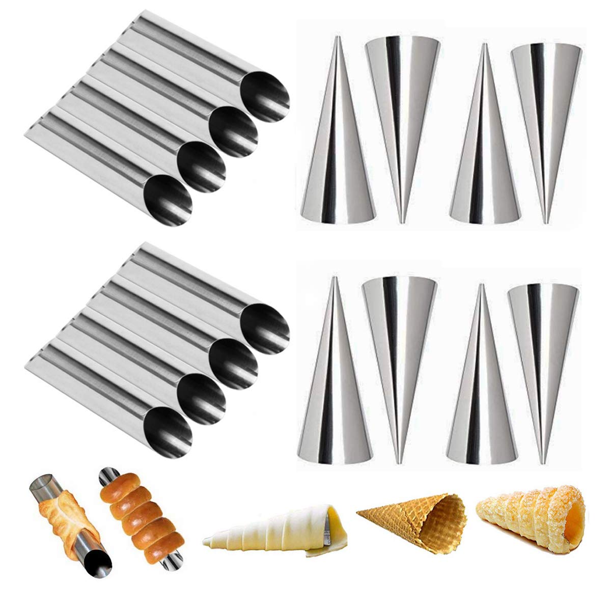 Set of 16 Stainless Steel Cannoli Tubes and Pastry Cream Horn Molds,Large Size DIY Baking Kit Cone Tubular Shaped Mold Tool for Croissant Waffle Cream Roll (A+B)