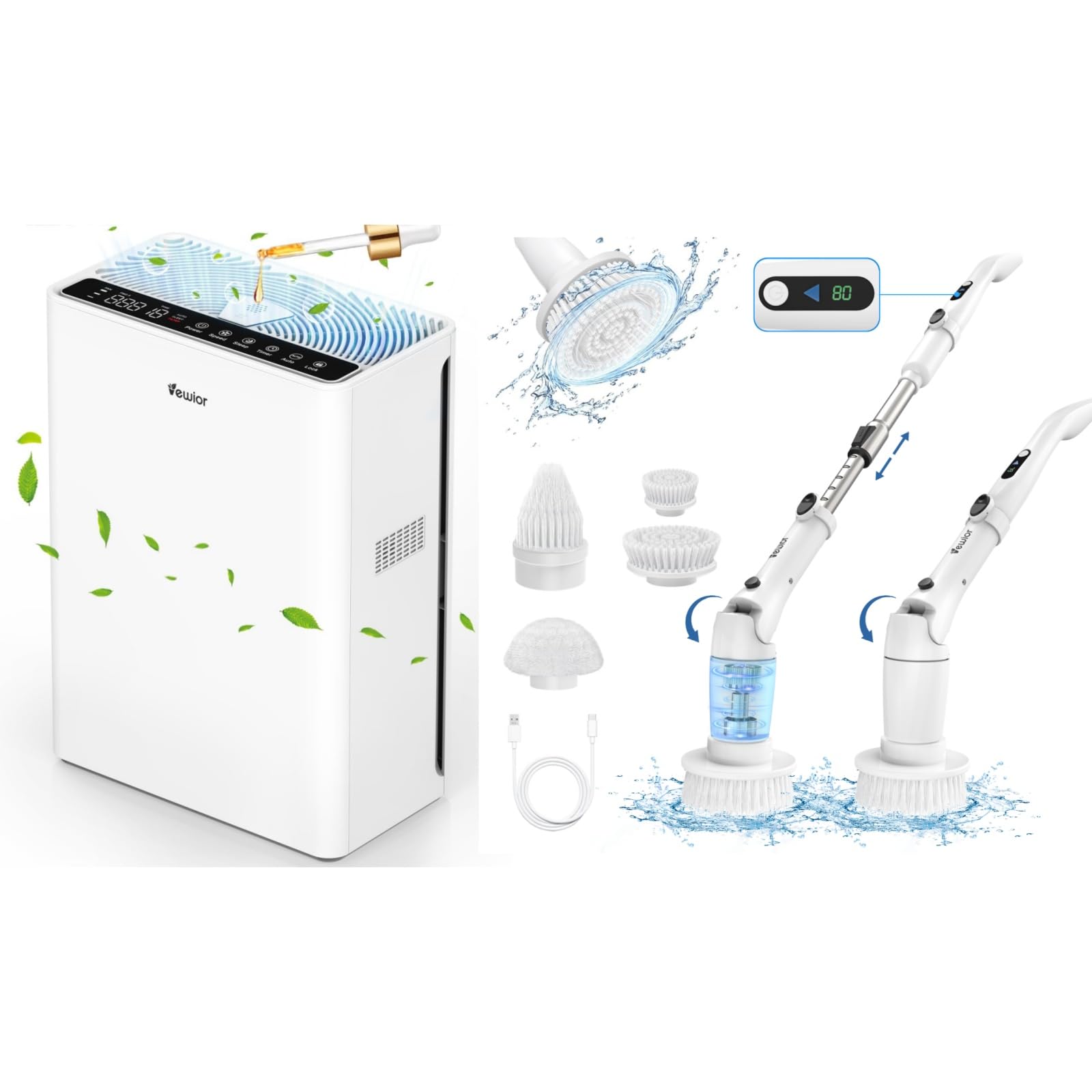 VEWIOR Air Purifiers For Home Large Room and Electric Spin Scrubber with Display and 3 Adjustable Angle 2 Speeds 5 Replaceable Brush Heads, Power Shower Scrubber with E