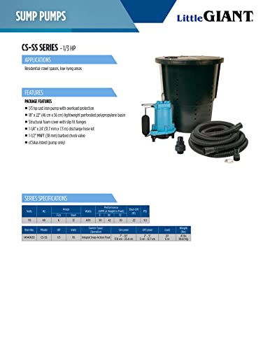 Little Giant CS-SS 115-Volt, 1/3 HP, 3000 GPH Pre-Packaged Automatic Crawl Space Sump System with 20-Ft. Cord, Blue/Black, 14940655