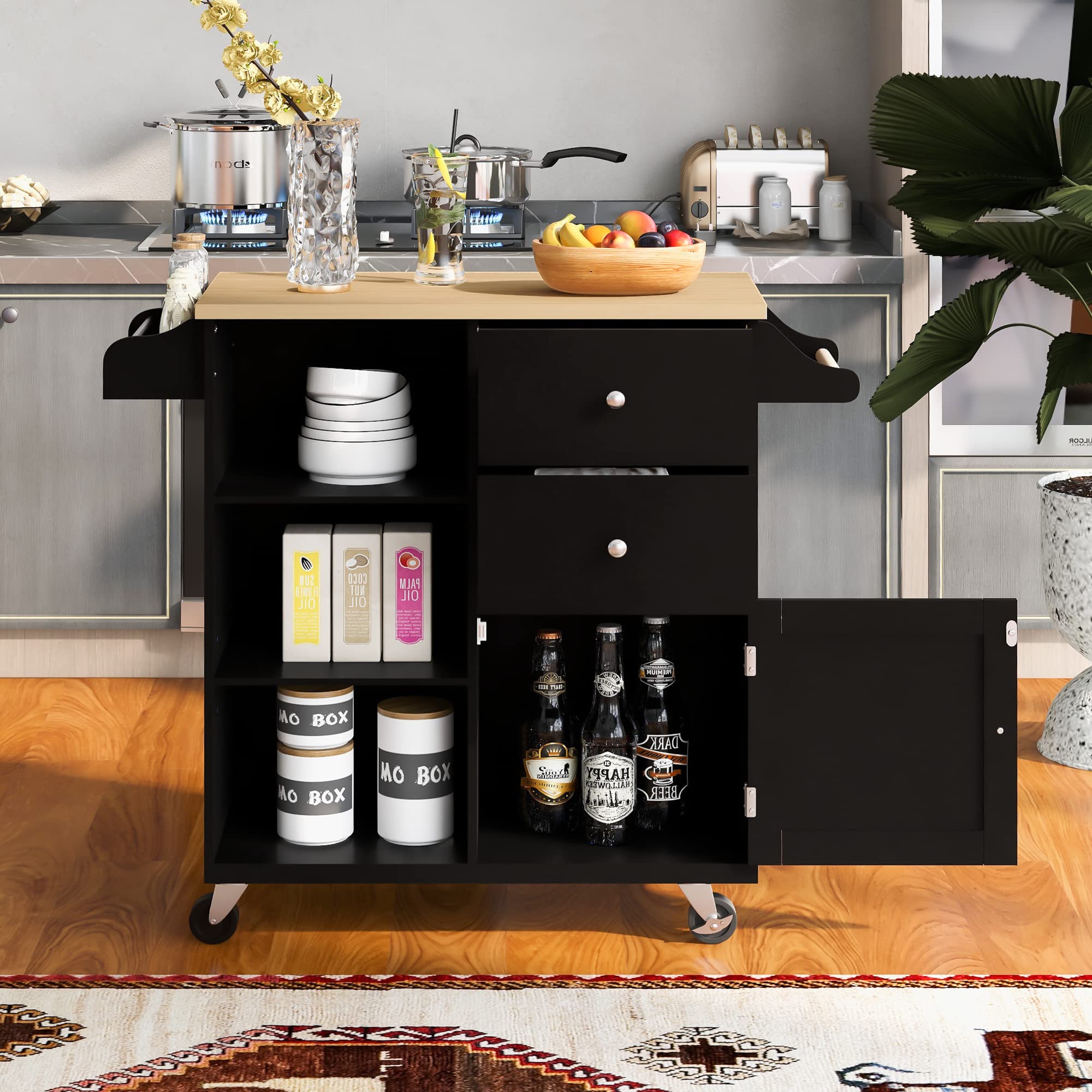 Mobile Kitchen Cart,Sideboard on 4 Wheels with 2 Drawers and 3 Open Shelves,Kitchen Island with Rubber Wood top,Storage Cabinet,Drawer, Spice Rack, Towel Rack, Kitchen Cart for Kitchen (Black)
