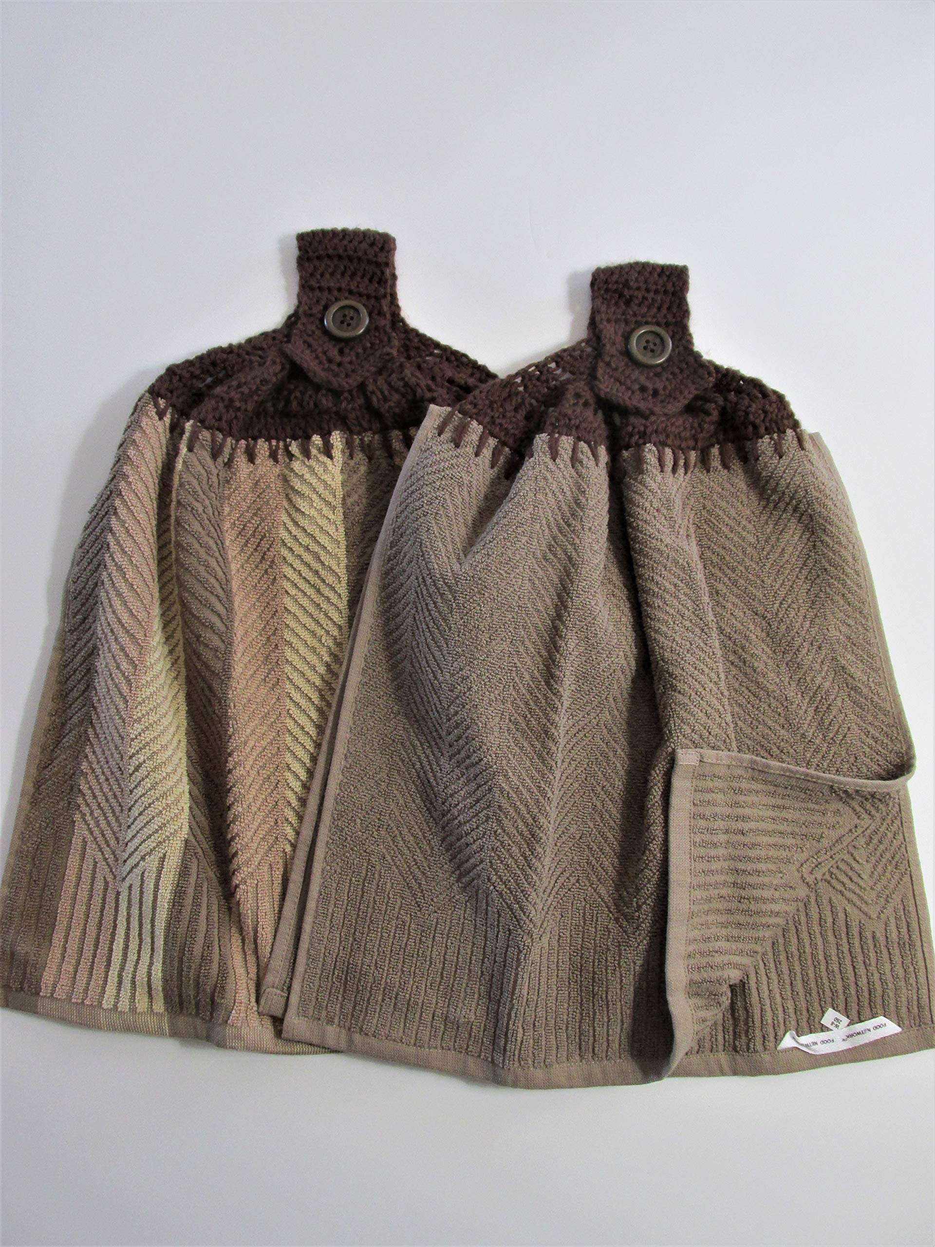 Set of 2 Brown & Tan Doubled Chevron Design Hanging Kitchen Towels with Brown Cotton Crochet Top - Best Quality