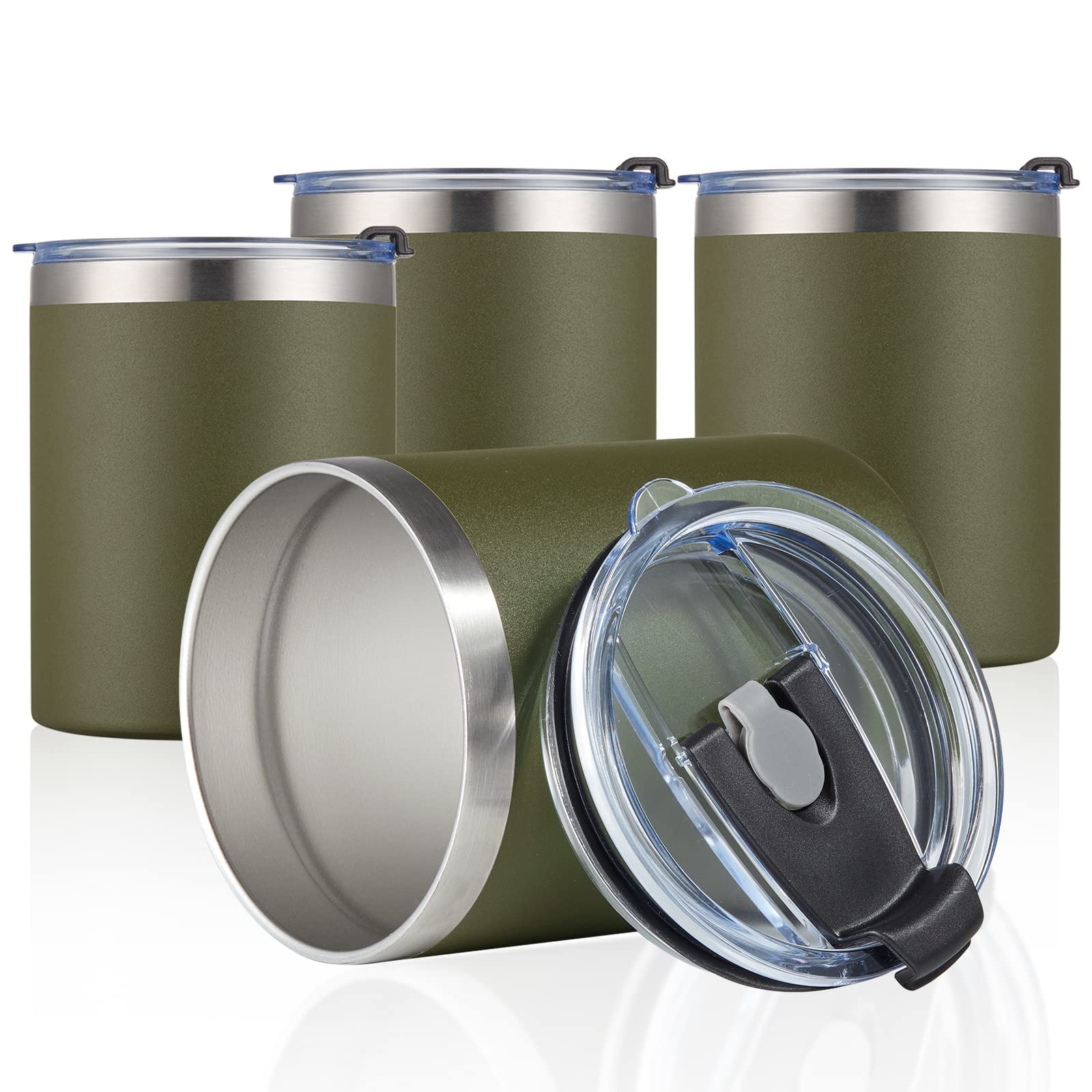 MEWAY 12 oz Lowball, Tumbler Stainless Steel Double Wall Vacuum Insulated Mug with Straw and Lid, Cleaning Brush ,Durable Powder Coated Insulated Coffee Cup for Cold & Hot Drinks (Army Green,4 pack)