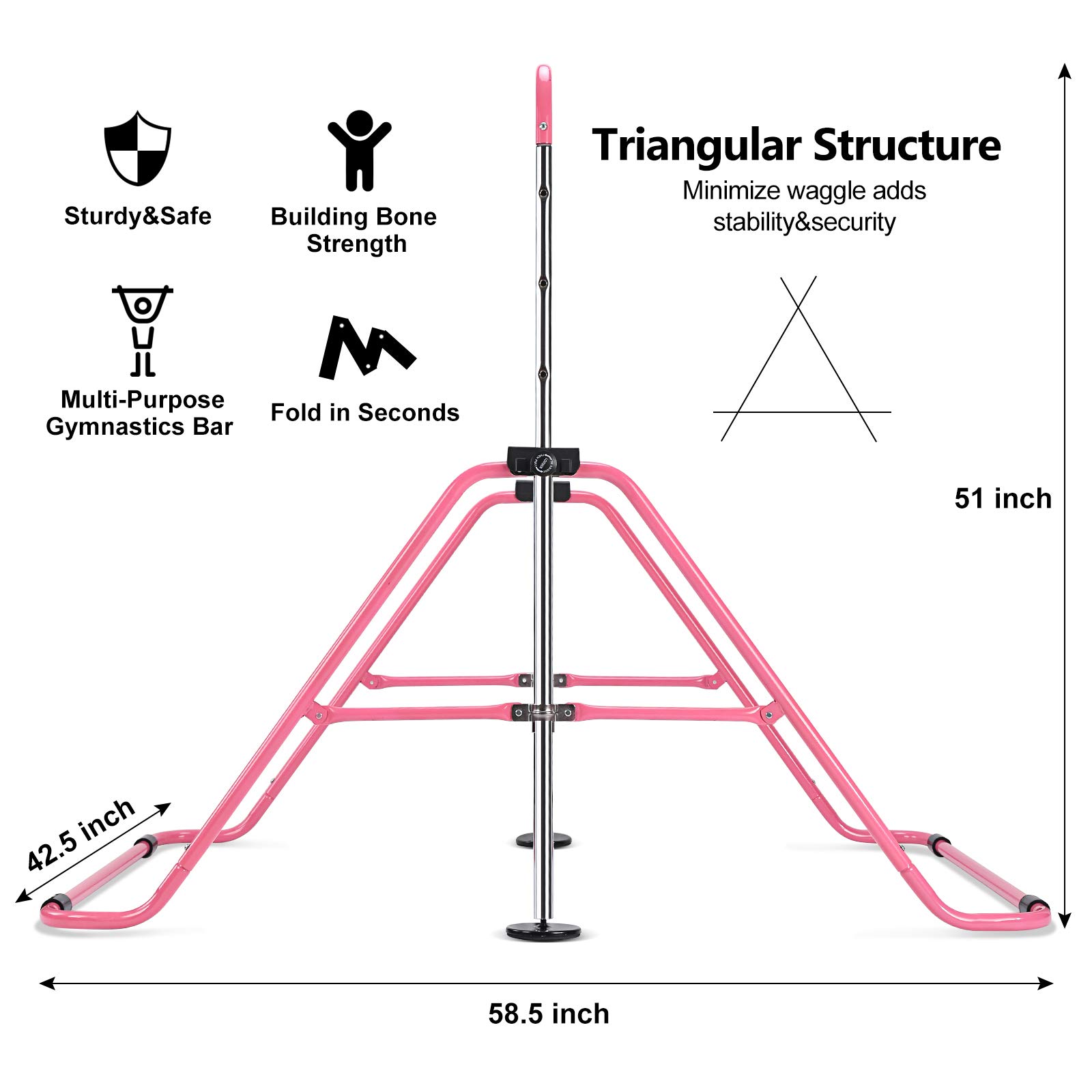 NW Heng&En Expandable Gymnastics bar for Home, Height Adjustable Folding Improved Stronger Gymnastic bar,pink,Height: 35’’ - 51’’ Dimension: 42.5’’-58.5’’