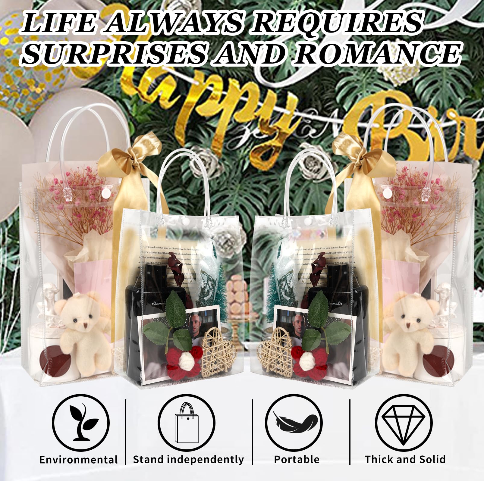 zandfelo 20 Pcs Clear Gift Bags with Handle, Clear Goodie Bags Plastic Gift Bags, Reusable Transparent PVC Gift Wrap Tote Bag for Gift Wrapping (clear, 8x10x3.2)