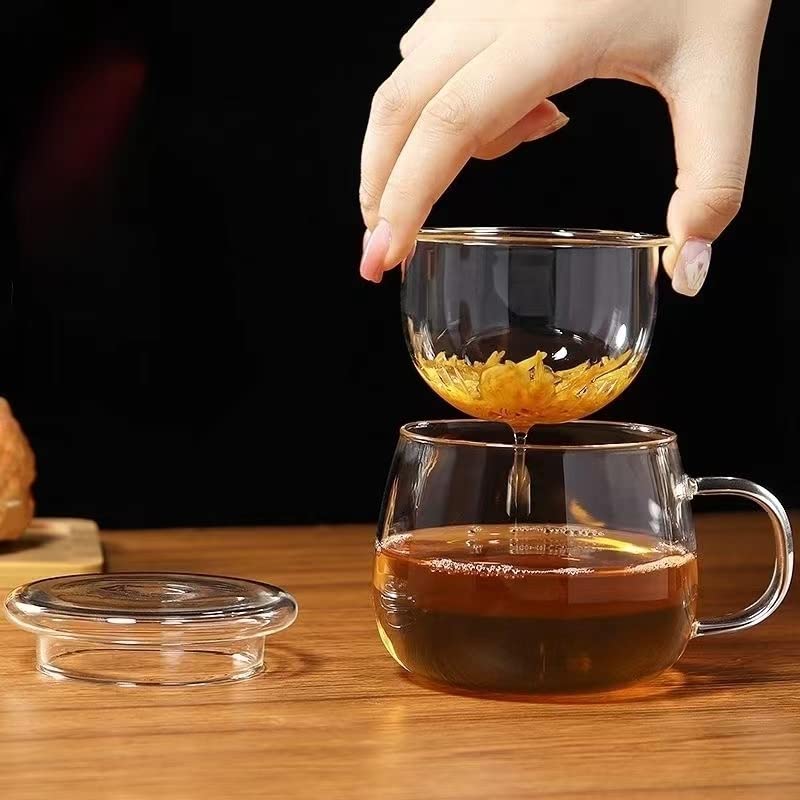 Set of 2 Glass Tea Cups Tea Mug with Infuser and Lid - Heat Resistant Borosilicate Glass, Clear Teacup with Strainer for Loose Leaf Tea, Blooming Tea, and Tea Bags - Ideal for Tea Lovers