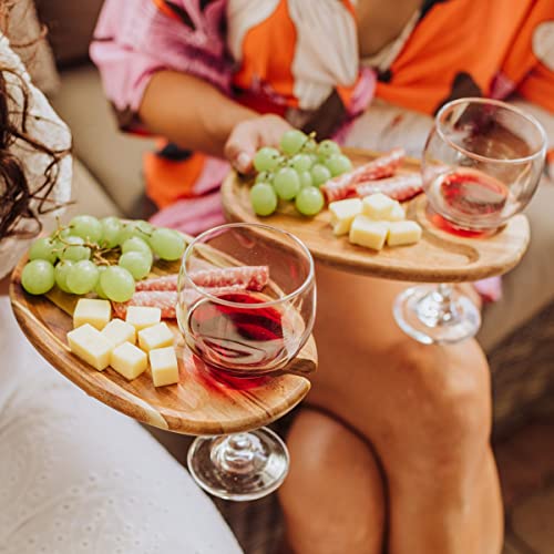 PICNIC TIME TOSCANA -Wine Appetizer Plates, Cocktail Plate with Glass Holder, Cheese Board with Wine Holder, (Acacia Wood), 9 x 6, Set of 4