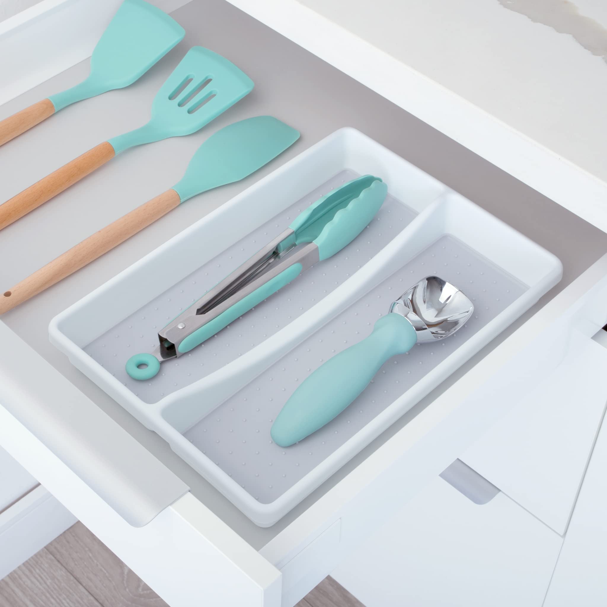 Smart Design 2-Compartment Plastic Drawer Organizer - Non-Slip Lining and Feet - BPA Free - Utensils, Flatware, Office, Personal Care, or Makeup Storage - Kitchen - White with Gray