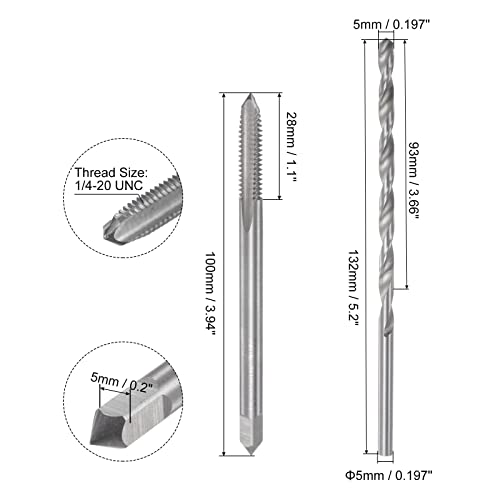 uxcell Tap & Bit Sets, 1/4-20 UNC H2 Straight Flute Machine Thread Milling Tap Extra Long, 5mm High Speed Steel (HSS) Twist Drill Bit