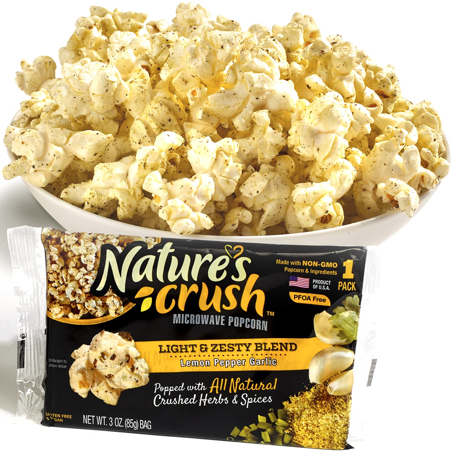 Nature's Crush Flavored Gourmet Vegan Microwave Popcorn, Lemon Pepper Garlic Blend (16 bags)
