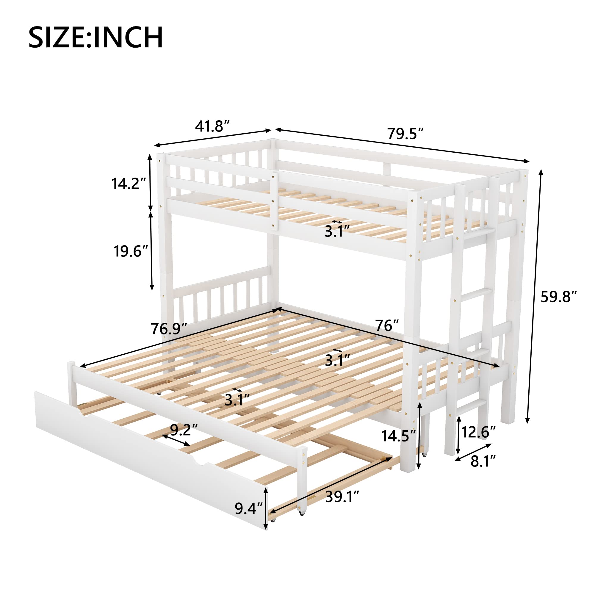 LostCat Twin Over Twin & King Bunk Bed with Trundle,Bottom Bed Can Convertible into Twin, Full, King Size,Pull-Out Multi-Functional Bunk Bed Can for 4 People, White