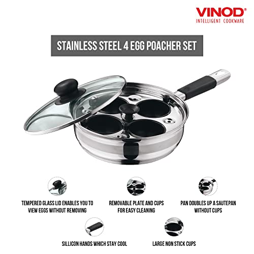 Vinod Non Stick Egg Poacher Pan β Skillet, Glass Lid, Removable Cup Tray - 4 Large Cups - Stainless Steel Poached Egg Cooker β Food Grade Egg Poaching β Heat Friendly Handle - Free Silicon Spatula