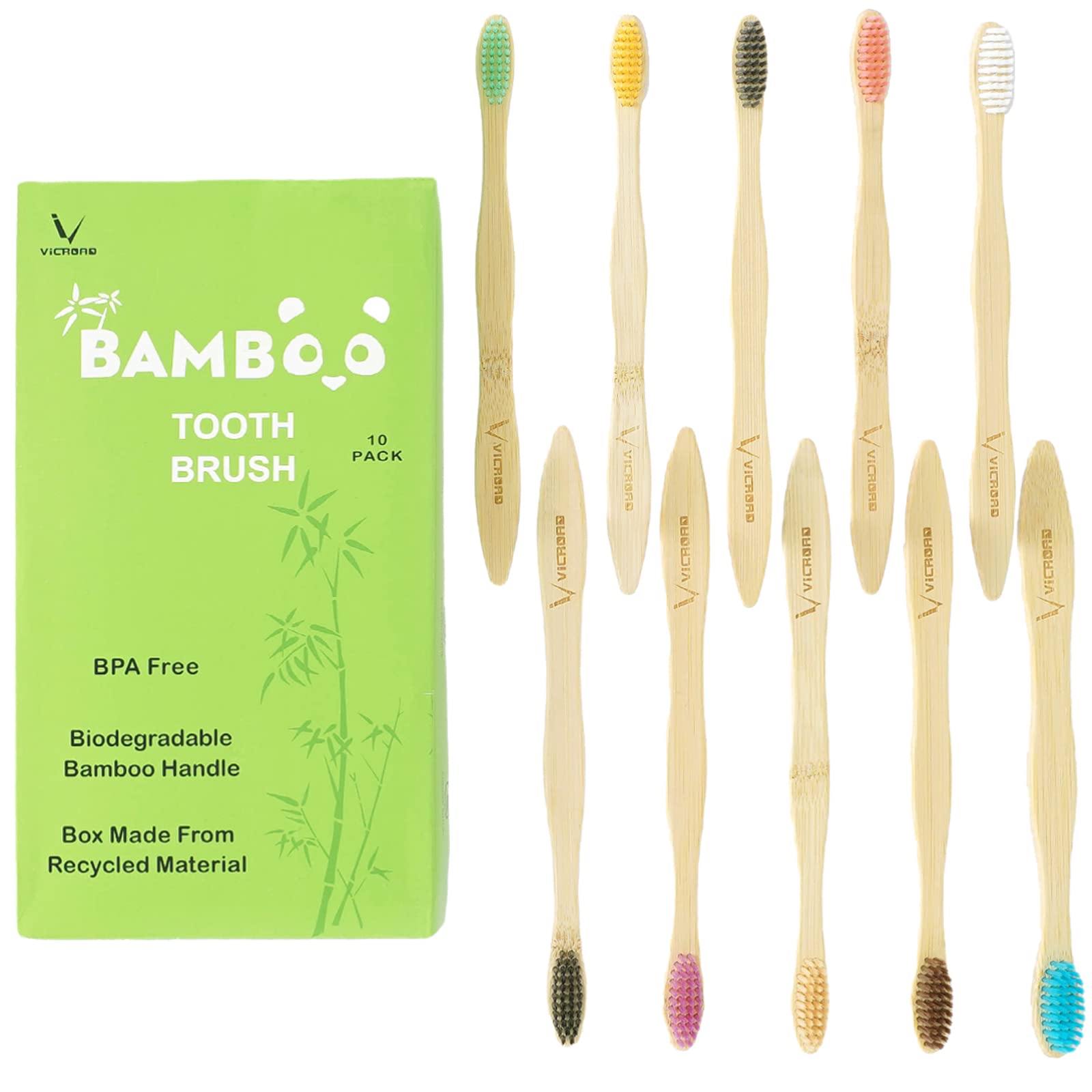 VICROAD Adult Bamboo Toothbrushes BPA Free Soft Bristles Toothbrushes Eco-Friendly, Natural Bamboo Toothbrush Set Biodegradable, Compostable & Organic Charcoal Wooden toothbrushes(10 Pack