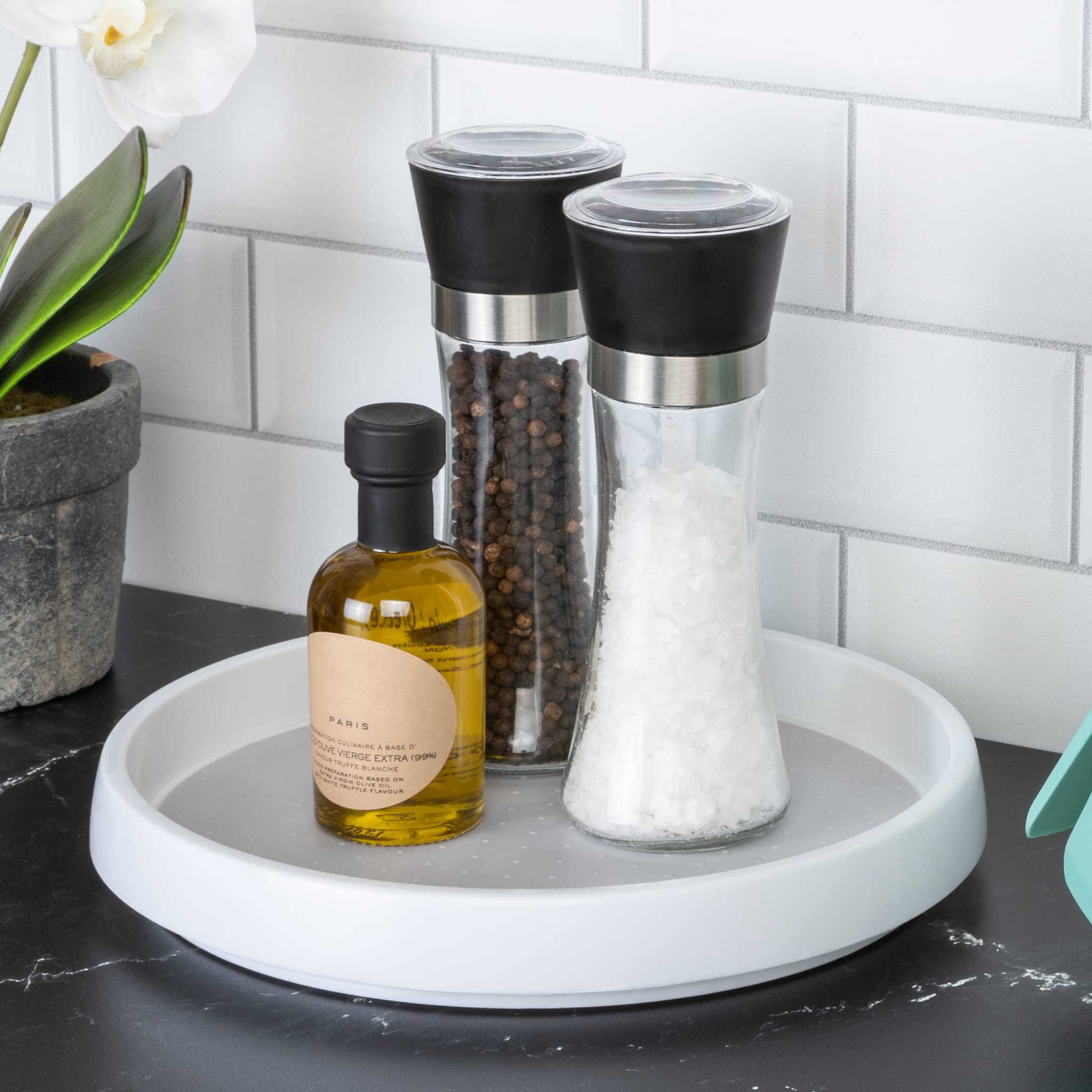 Smart Design Lazy Susan Turntable - 10 Inch - Non-Slip Lining and Feet - BPA Free - Cupboard, Fridge, Jars, Spices, Cans, Cabinet, Countertop, Pantry, Storage, Kitchen Organizer - White with Gray