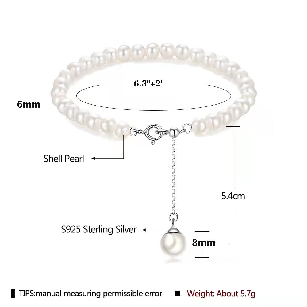 Rofeego Adjustable White Beaded Round Simulated Shell Pearl Bracelets/Size 6.3"- 8" (6mm)