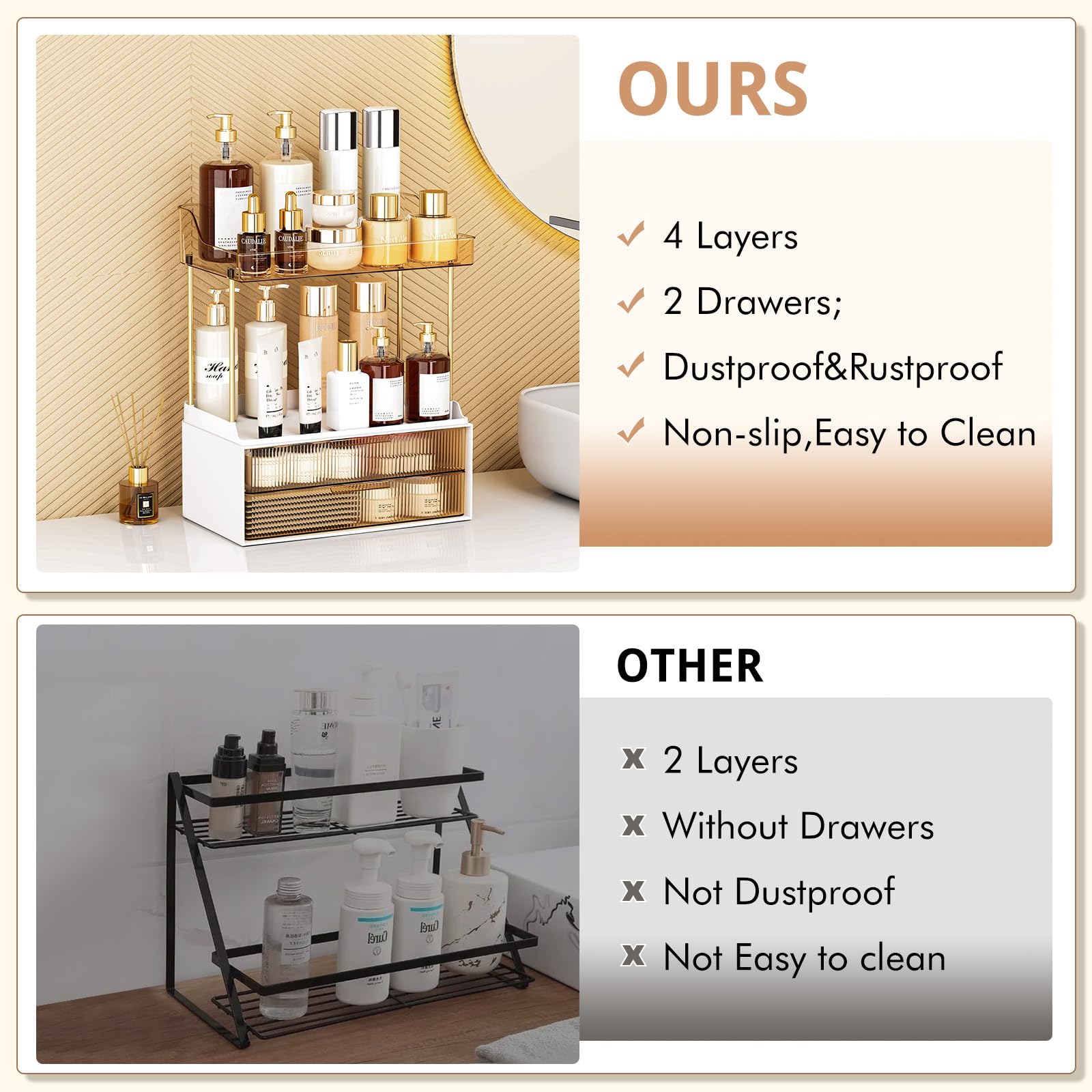 Versatile 4-Tier 2-Drawer Bathrooom Organizer, Makeup Organizer, Perfume Organizer, Bathroom Counter Organizer, Vanity Organizer, Skincare Organizers, Bathroom Organizers and Storage, Amber