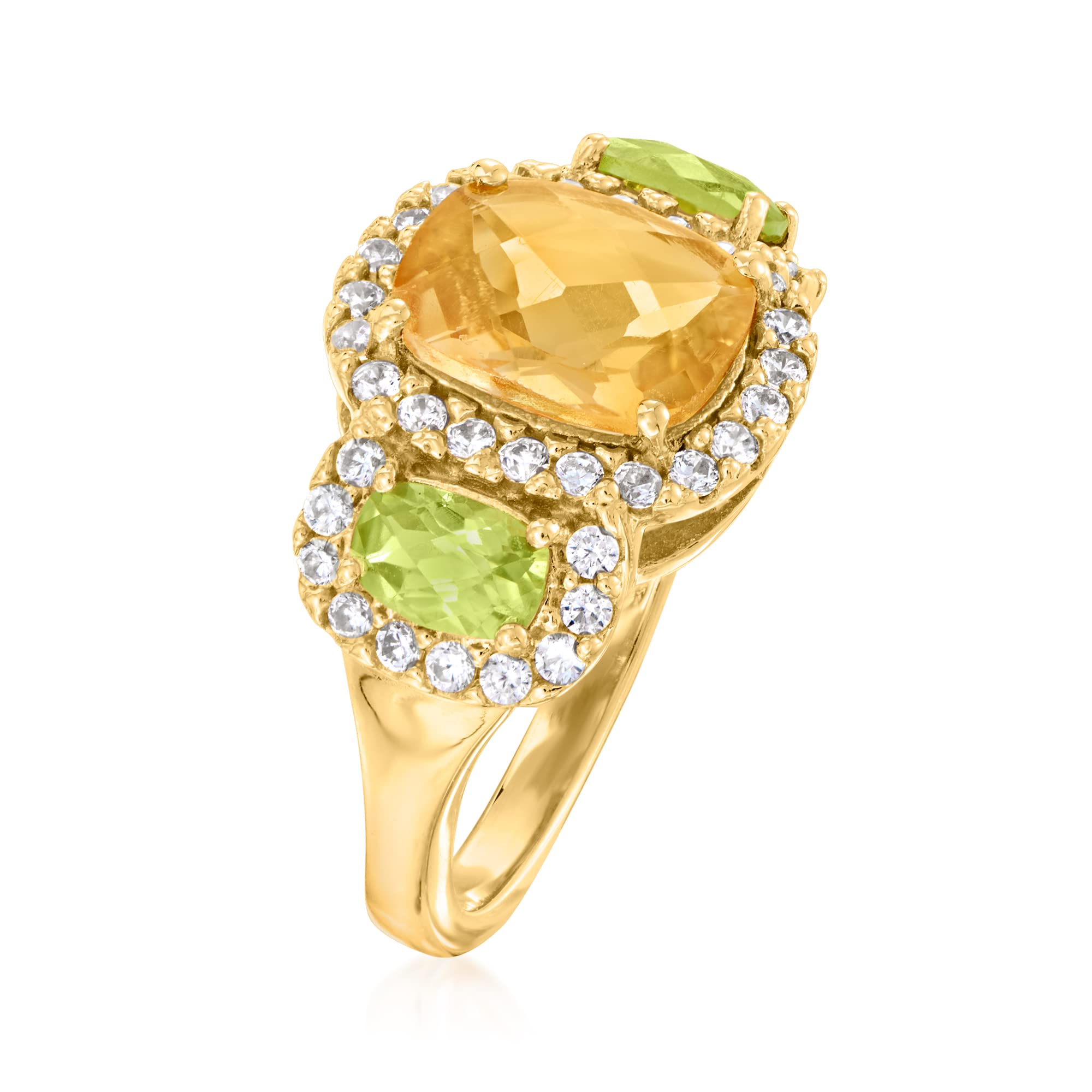 Ross-Simons 2.90 Carat Citrine Ring With 1.20 ct. t.w. Peridots and .80 ct. t.w. White Zircon in 18kt Gold Over Sterling. Size 9