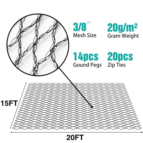 PatioGem Pond Netting, 15β x 20β Pond Netting for Koi Ponds, Durable & Sturdy Pond Net to Catch Leaves & Debris, Drive Herons, Raccoons, Cats & Predators Away, Handy Accessories Included (3/8β Mesh)