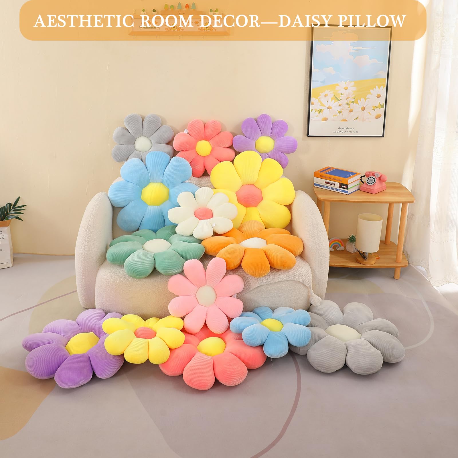 Menoeceus Flower Pillow, Daisy Pillow Flower Shaped Throw Pillow, Cute Decorative Pillows, Floor Pillow Seating Cushion, Plush Pillow Room Decor for Bedroom Sofa Chair (Green, 15.75")