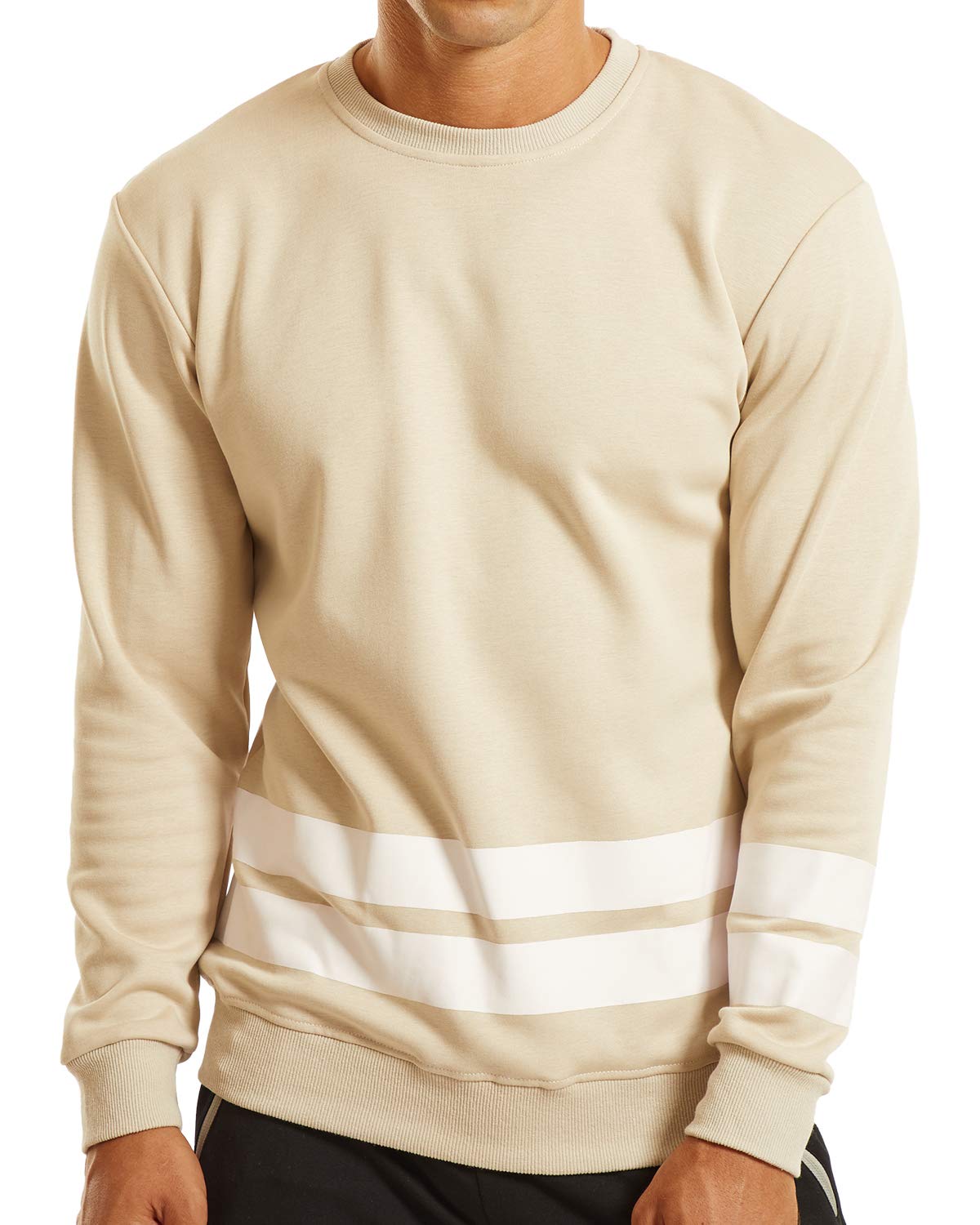 Ouber Men's Pullover Sweatshirt Long Sleeve Crewneck Trendy Stripe Print (XL,Kahki)