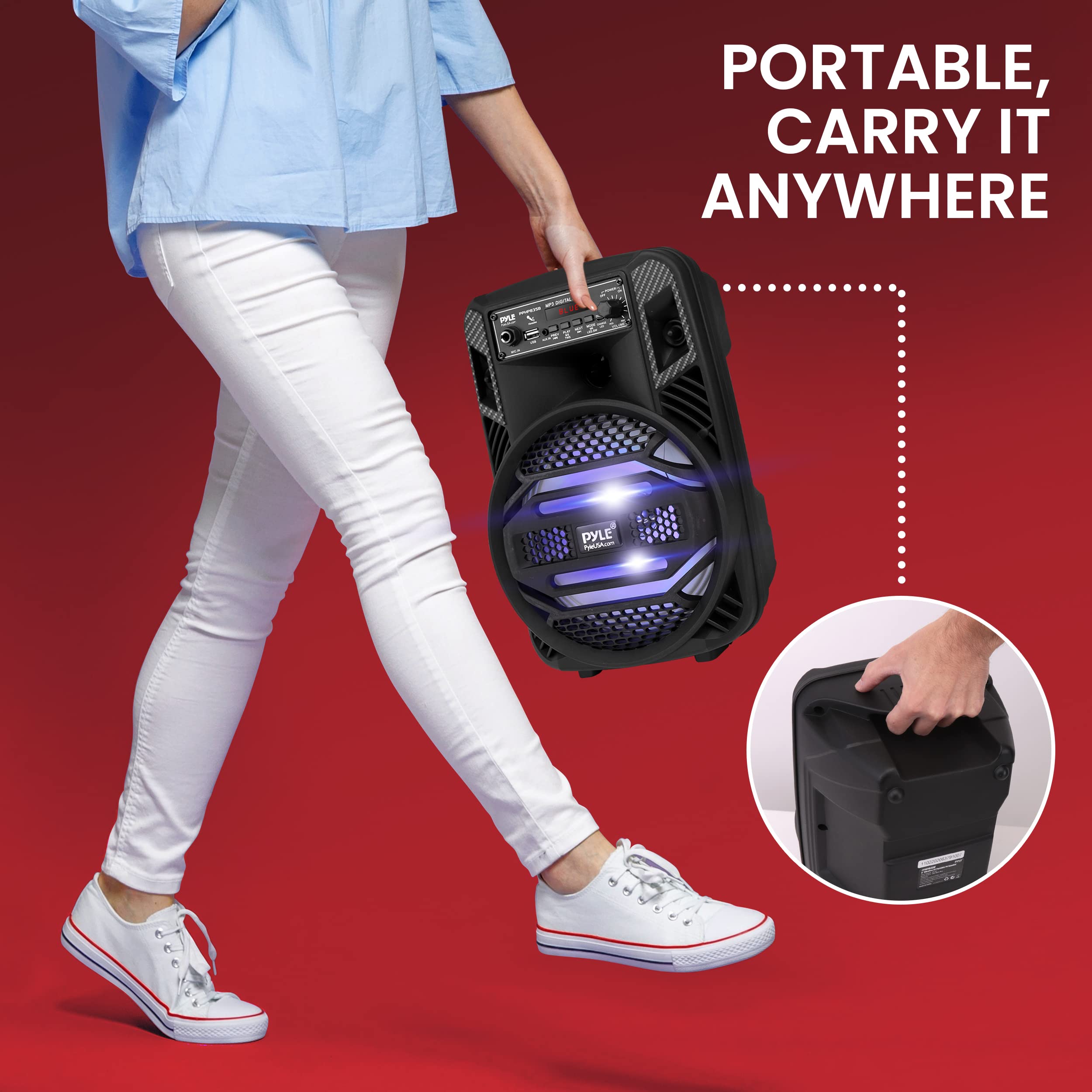 Pyle Portable Bluetooth PA Speaker System - 300W Rechargeable Outdoor Bluetooth Speaker Portable PA System w/ 8β Subwoofer 1β Tweeter, Microphone In, Party Lights, MP3/USB, Radio, Remote -PPHP835B
