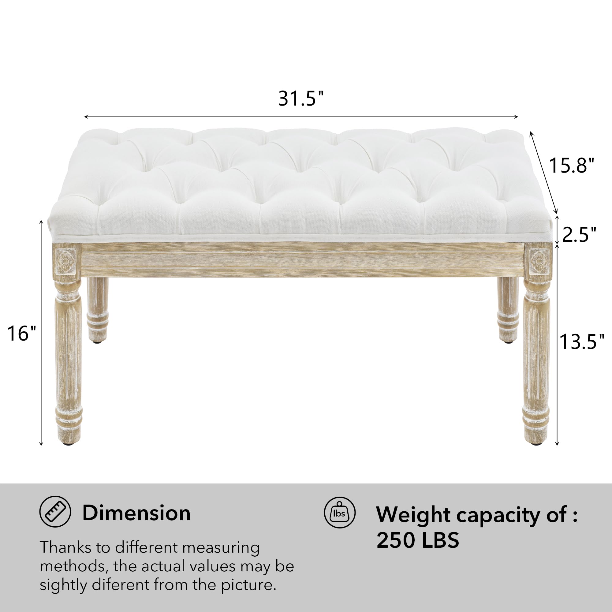 LOULENS French Vintage Bench, Linen Fabric Entryway Bench, Upholstered Tufted End of Bed Bench with Brushed Wood Legs, White