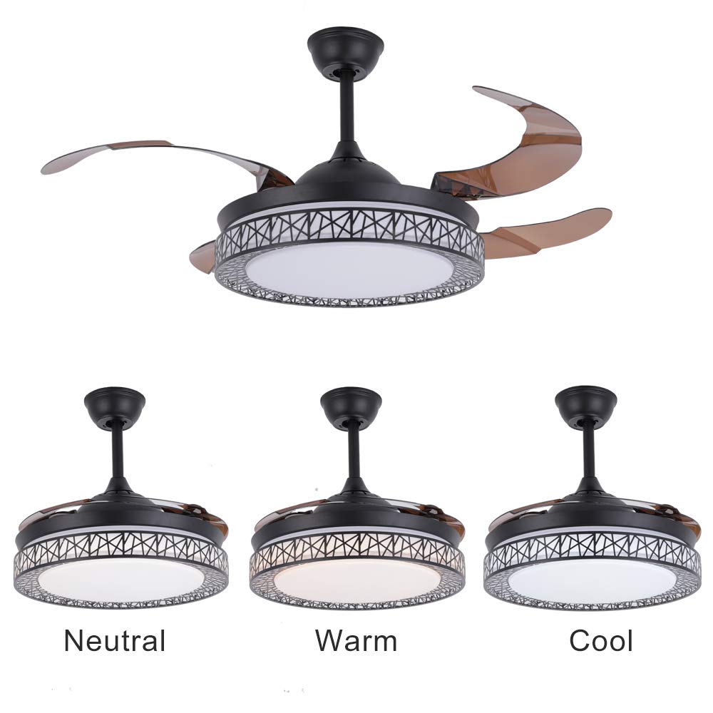 OUKANING 42 Inch Ceiling Fans Lights LED 4 Retractable Blades Ceiling Fan Three Color Change Chandelier with Remote Contro