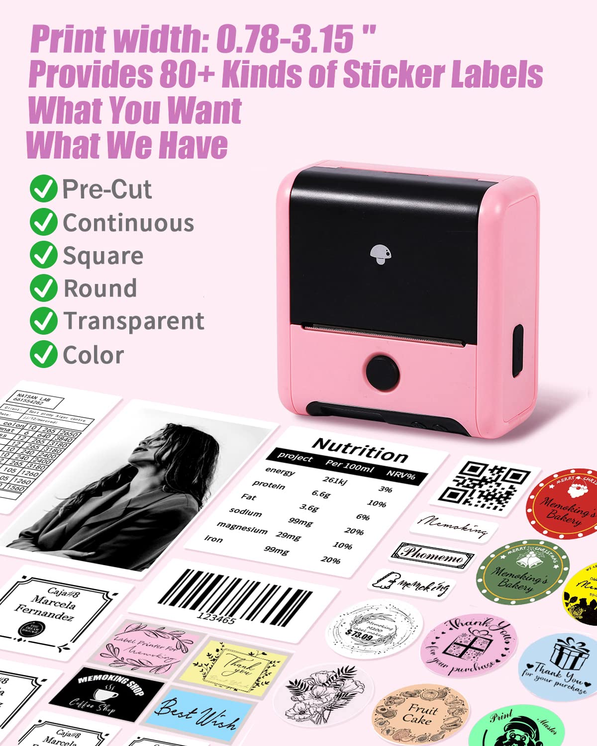Memoking M200 Label Maker Set with 3 Rolls 1" x 2-5/8" Thermal Label, 3 Inch Barcode Label Printer, Sticker Maker Machine for Labeling, Mailing, Home, Office & Small Business, for Phones&PC-Pink