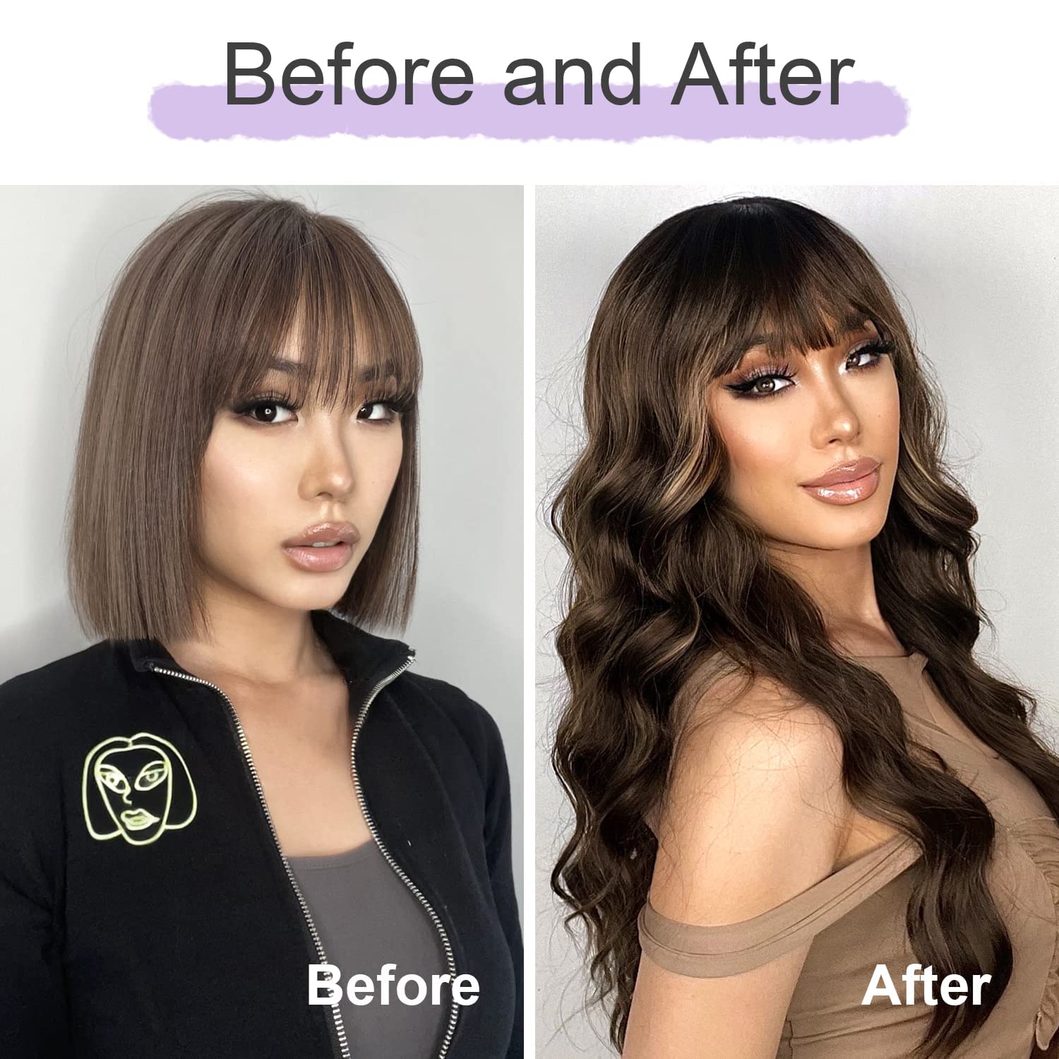 Vigorous Brown Wig With Bangs Long Wavy Wig for Women Synthetic Curly Wavy Wigs Brown Mixed Blonde color for Daily Party Use