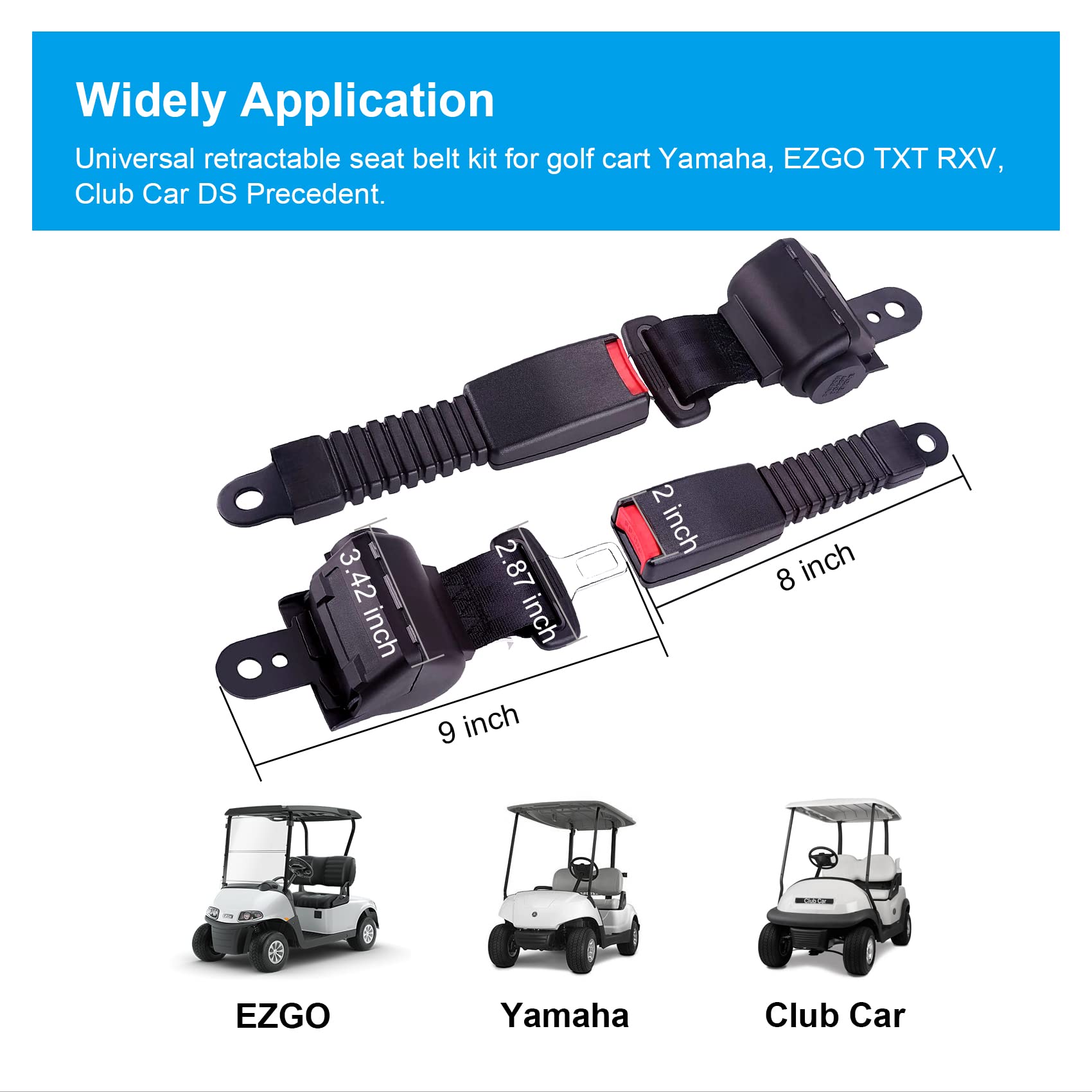 Universal Retractable Front Rear Golf Cart Seat Belt Kit for EZGO, Yamaha, Club Car (2PCS)
