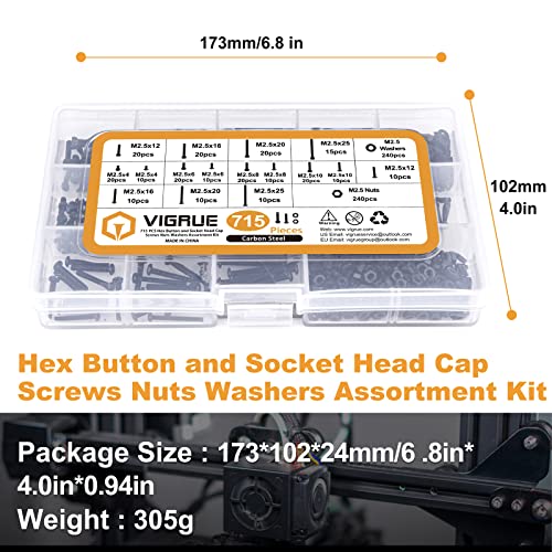 VIGRUE 715PCS M2.5 x 4/6/8/10/12/16/20/25mm Hex Button and Socket Head Cap Screws Nuts Washers Assortment Kit with Storage Box, 12.9 Grade Alloy Steel Black