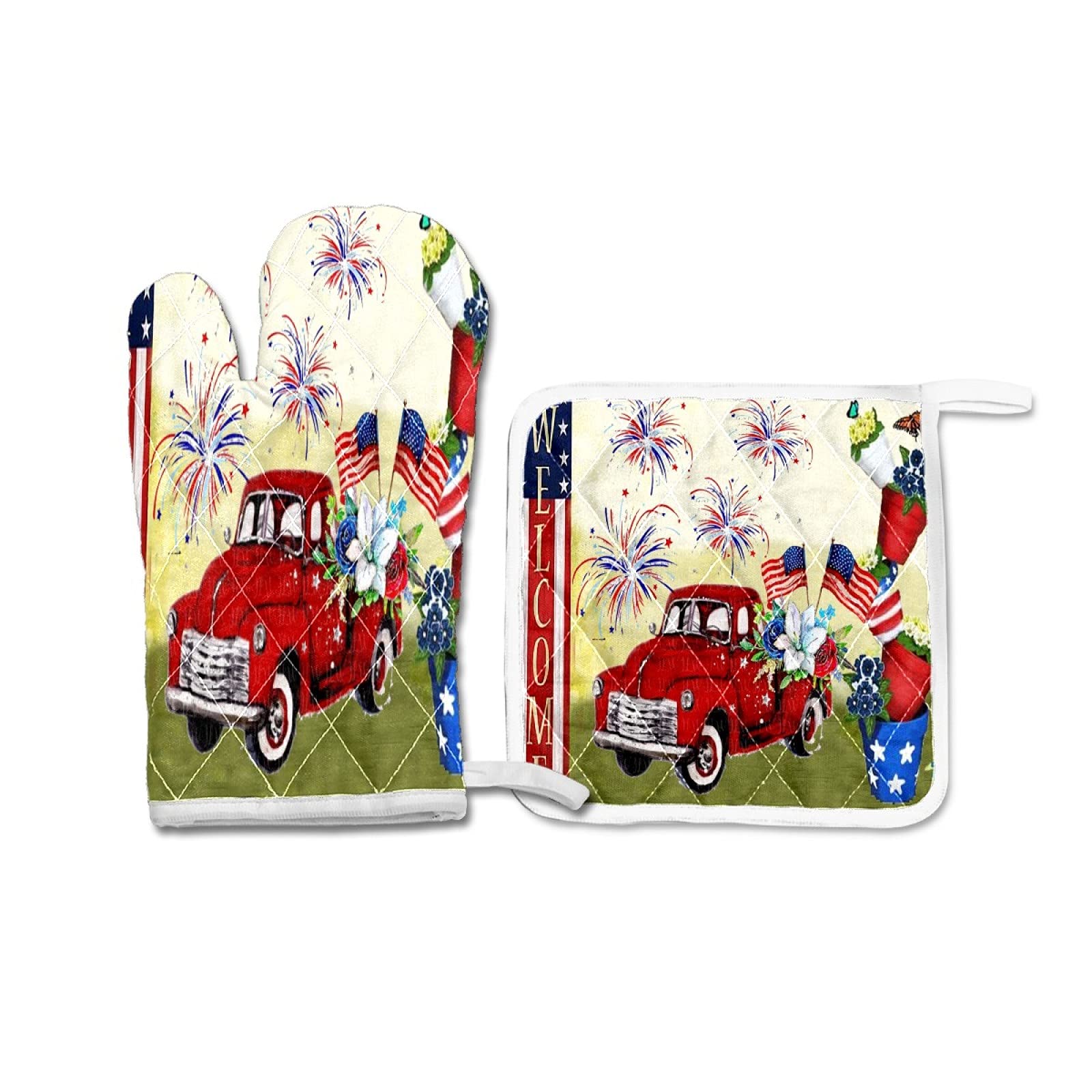 Oven Mitts and Pot Holders Kitchen Gloves Non Slip Oven Mitts and Hot Pads BBQ Gloves Oven Mitts and Hot Pads for Kitchen Cooking Baking Grilling Spring Patriotic Small Red Truck American Flag