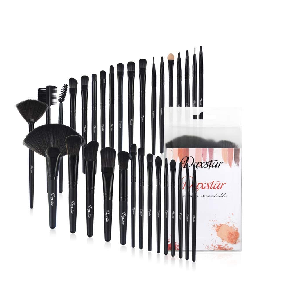 Makeup Brush Set, Complete 32pcs Black Makeup Brushes Synthetic Soft Bristles Brush for Foundation Kabuki Blush Blending with Storage Case Wooden Handle