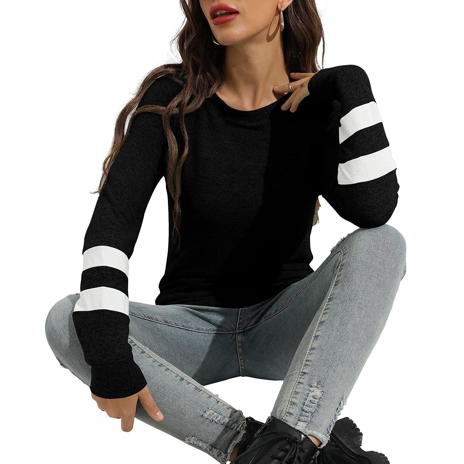 Qcyuui Womens Color Block Sweatshirts Crewneck Sweaters Long Sleeve Shirts Fleece Tunic Tops(Black,Medium)