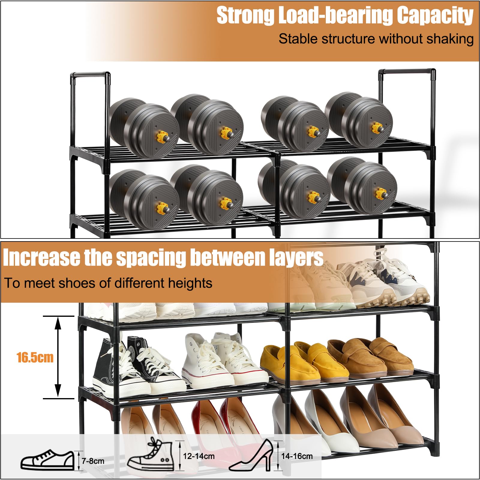 Lubardy 8 Tier Shoe Rack for Entryway 32-34 Pairs Durable Metal Shoe Storage Organizer for Closet Stackable Long Shoe Shelf Cabinet for Hallway (Black)