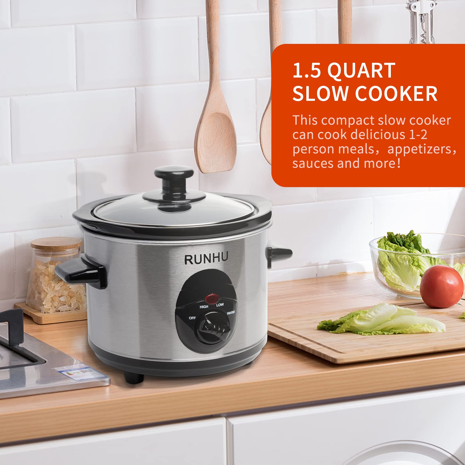 RUNHU Slow Cooker, 1.5-Quart Ceramic Pot with Auto Warm and Adjustable Temp, Entrees, Sauces, Stews & Dips, Dishwasher Safe, Nutrient Loss Reduction, Round, Stainless Steel