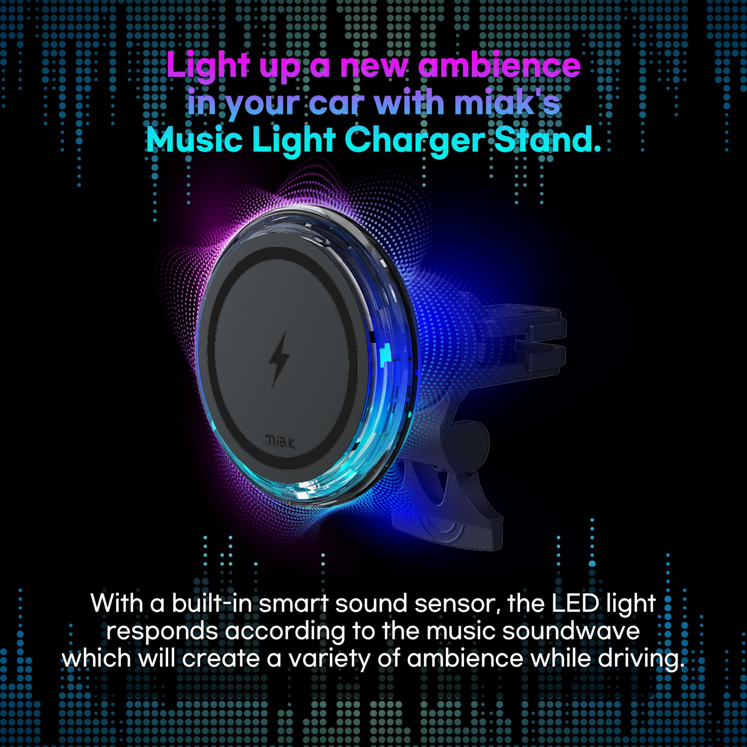 miak for Magsafe Car Mount Charger, Strong Magnet, Wireless 15W Fast Charging Music Reactive LED Car Stand