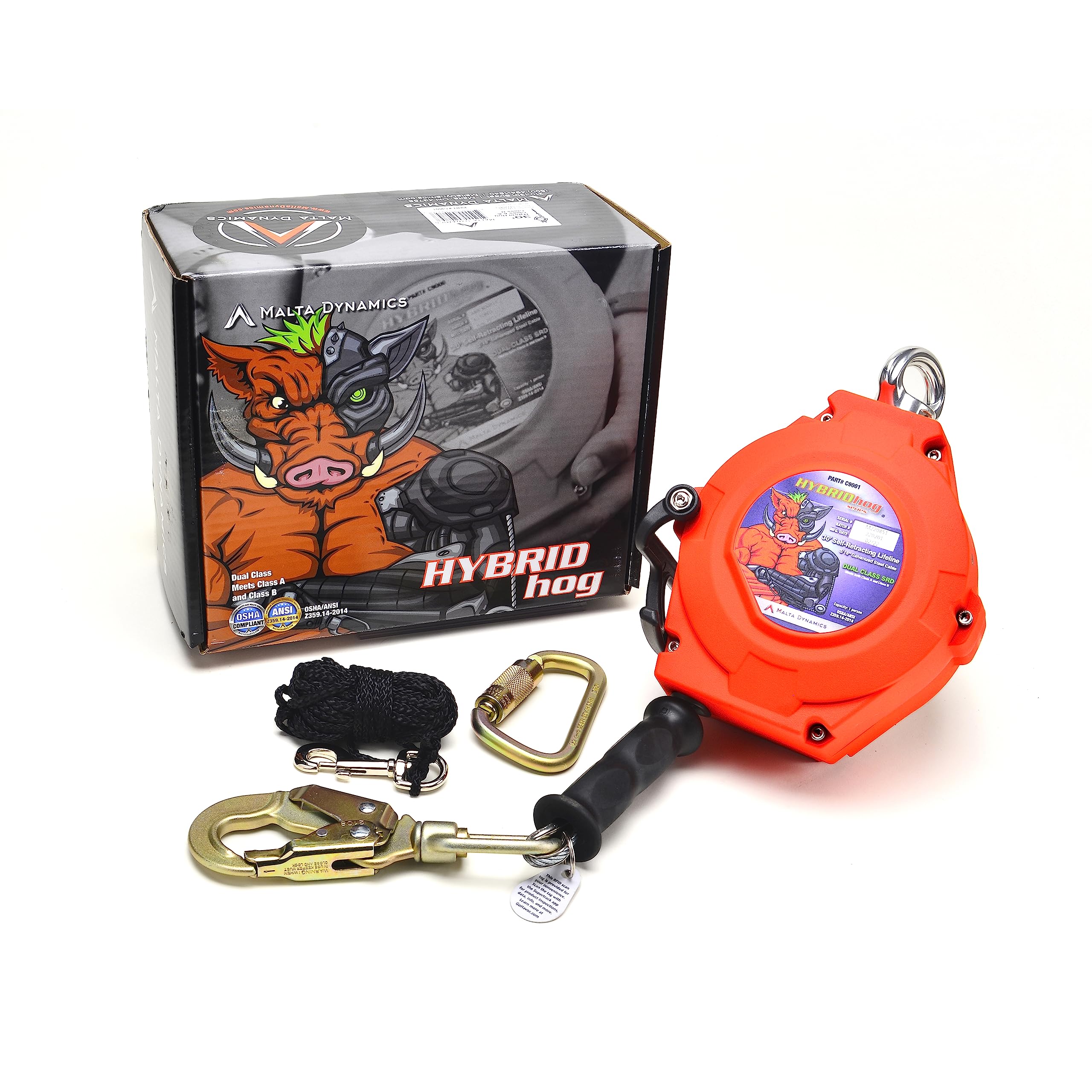 Malta Dynamics Hybrid Hog Self Retracting Lifeline 30' Class A & B, Quick-Action Braking System, YoYo Cable, Fall Protection Retractable Safety Lanyard - OSHA/ANSI Compliant Orange & Black