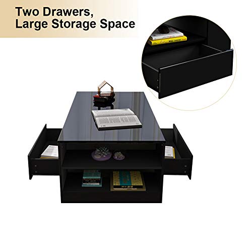 Modern Coffee Table, High Gloss Cocktail Coffee Table Contemporary Glossy End Table Rectangle Design with Drawers and Storage Shelf for Home Living Room Office Furniture, Black