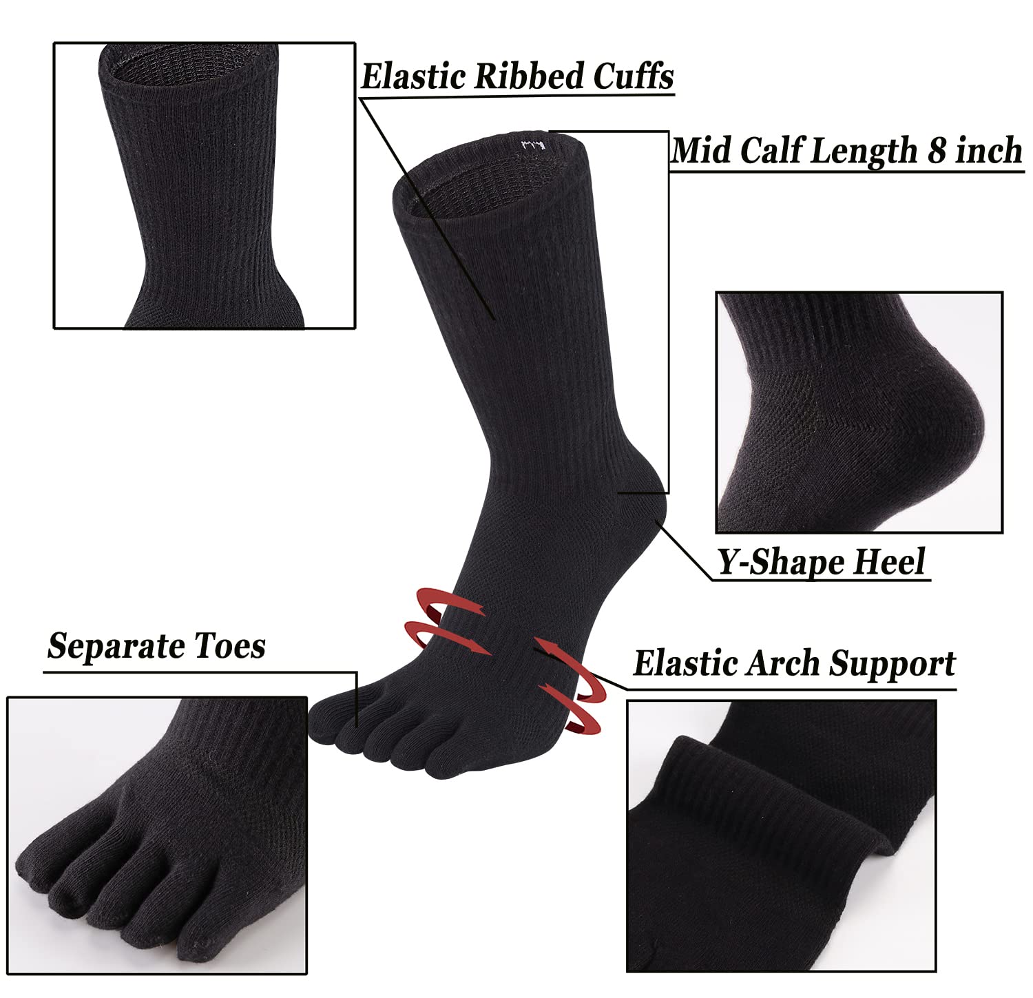 Men Toe Socks Five Finger Crew Cotton Athletic Wicking Grip Warm 6 Pack