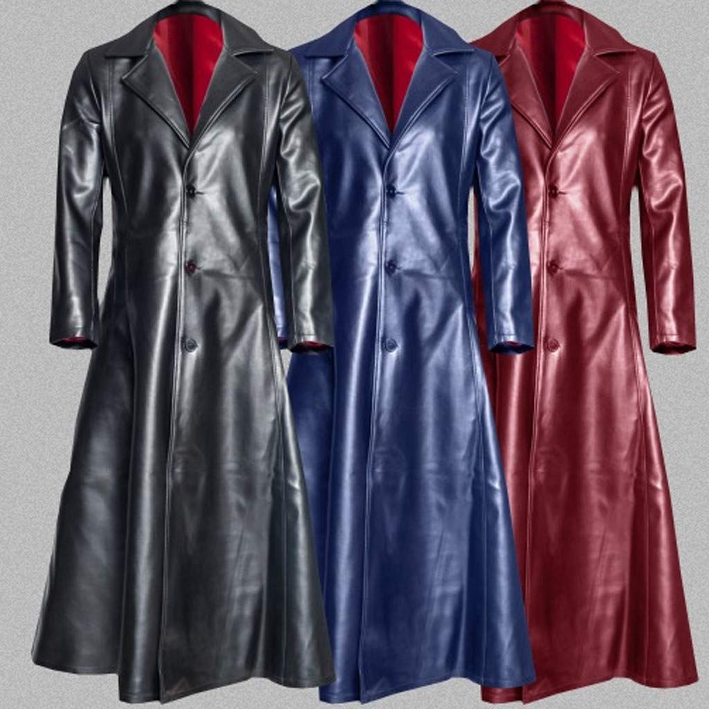Mens Retro Leather Vintage Long Coat Trench Steampunk Gothic Jacket Overcoat (L, Dark Blue)