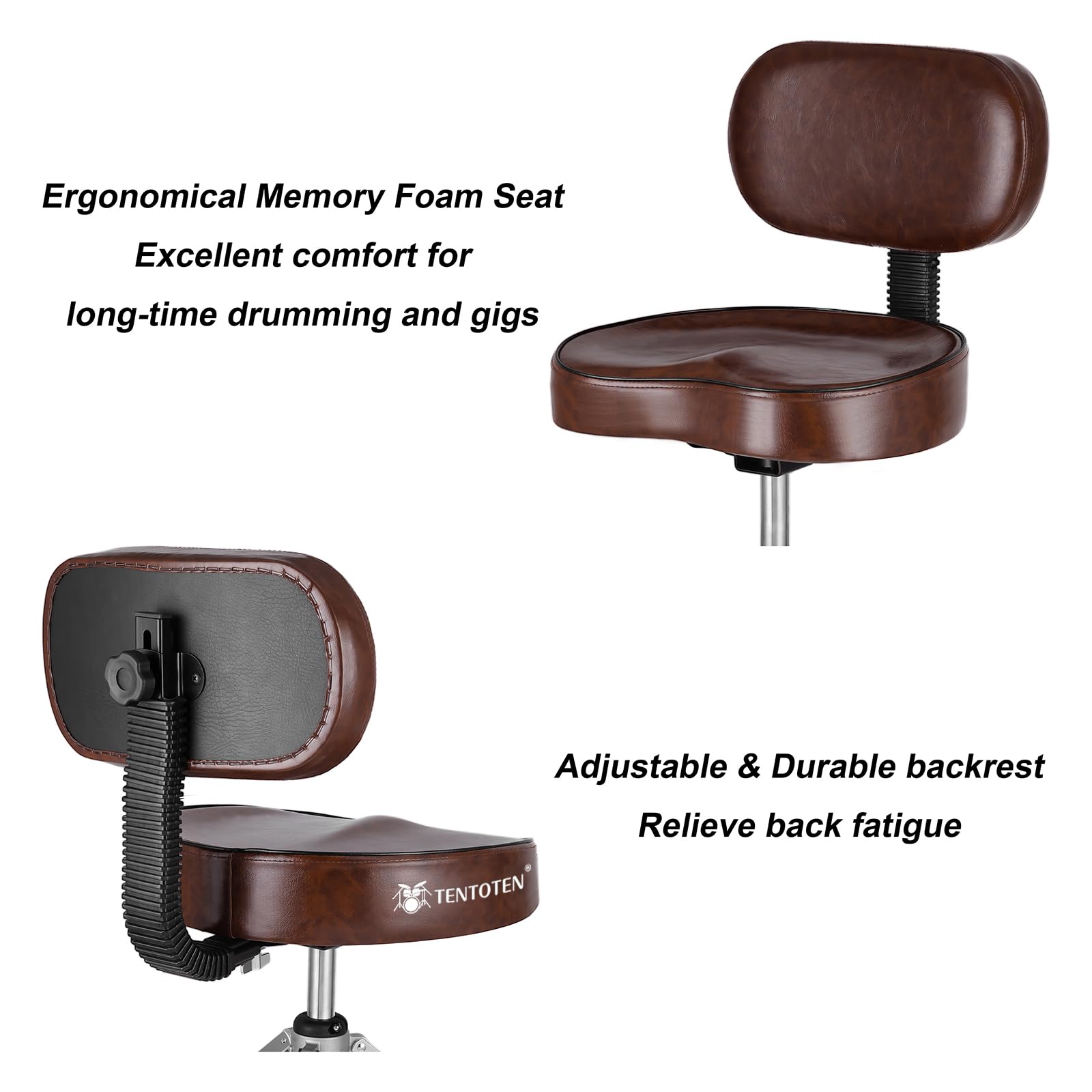 TENTOTEN Drum Throne with Backrest, Padded Drum Chair with Back Hydraulic Drum Throne Height Adjustable Drum Stool with Stable Bass Comfortable Seat for Drummers,Guitar Players