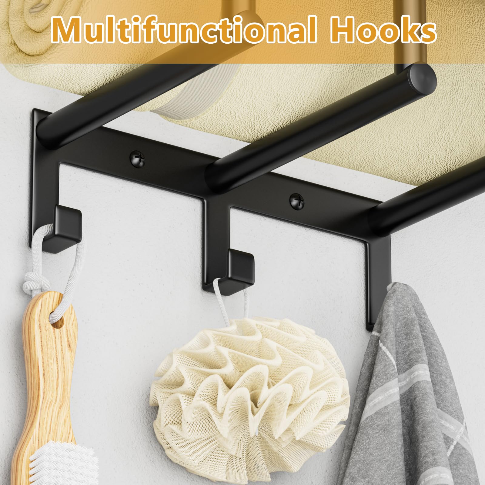 Ovicar Towel Racks for Bathroom - Wall Mounted Towel Rack with Metal Shelf & 3 Hooks, 3 Bars Wall Towel Holder for Small Bathroom, Bath Towel Storage for Rolled Towels Organizer (Black)