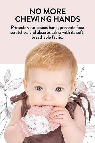 Malarkey Kids Baby Teething Mitten, Munch Mitt Baby Chew Toy - Protects Hands from Chewing & Saliva, Heals Aching Gums, Promotes Sound & Visual Stimulation for Babies Up to 1-Year-Old (Spring Flower)