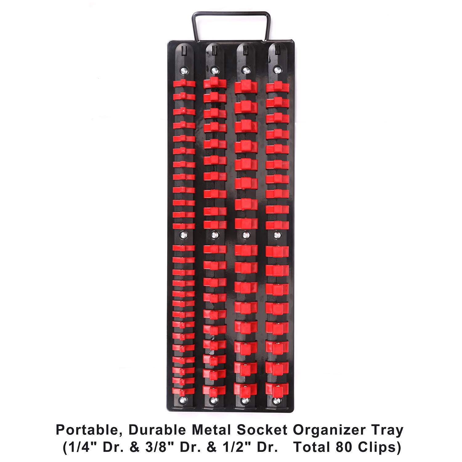 Mayouko 80-Piece Portable Socket Organizer Tray, 1/4-Inch, 3/8-Inch, 1/2-Inch,Heavy Duty Socket Rail, Black Rails with Red Clips,Drive Socket Clip Rail Holder