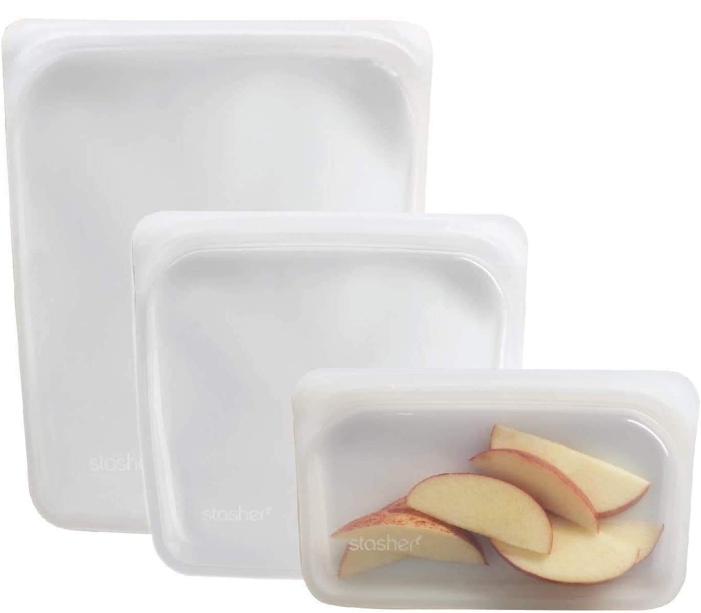 Stasher Reusable Silicone Food Bag, Sandwich Bag, Snack Bag and 1/2 Gallon Bag, Sous Vide Bag, Storage Bag (Clear, 3 Pack)