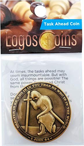 The Task Ahead Coin, I Can Do All Things, Challenge Coins, Antique Gold-Color Plated, Featuring a Kneeling Knight Templar and Philippians 4:15